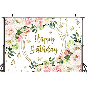 Wollmix Happy Birthday Banner Backdrop Decorations 7x5ft Party Sweet 16 Girls Women Pink Florals Butterfly Gold Dots Photography Background Supplies Photo Booth Studio Cake Table