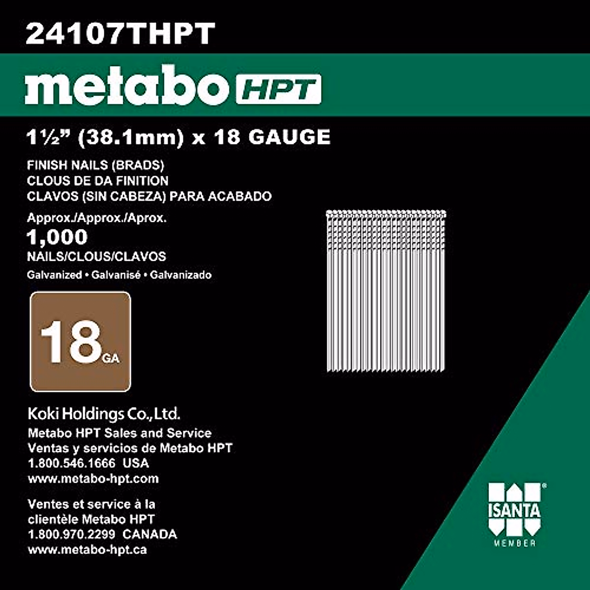 Metabo HPT Brad Nails | 1-1/2 Inch x 18 Gauge | Electro Galvanized | Smooth | 1,000 Count | 24107THPT