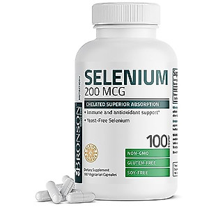 Bronson Selenium 200 mcg for Immune System, Thyroid, Prostate and Heart Health – Yeast Free Chelated Amino Acid Complex - Essential Trace Mineral with Superior Absorption, 100 Vegetarian Capsules