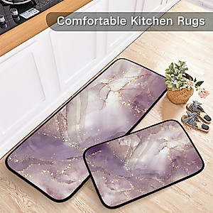 BOENLE Kitchen Rugs and Mats Non Skid Washable Kitchen Rug Set 2 Piece Purple Marble Carpet Ergonomic Comfort Standing Mat for Kitchen,Bathroom, Laundry