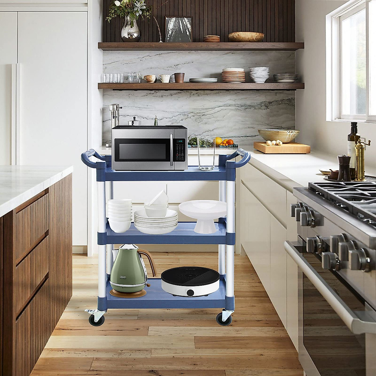 MAYNIYJK Utility Carts with Wheels, 3-Tire Restaurant Cart, Heavy Duty Rolling Cart Food Service Cart 420lbs, Plastic Bus Cart with Lockable Wheels and Rubber Hammer for Warehouse/Office/Kitchen, Grey