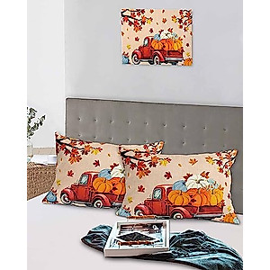 Edwiinsa Thanksgiving Pillow Covers Standard Size Set of 2 Bed Pillow, Fall Pumpkin Maple Leaf Truck Burlap Plush Soft Comfort for Hair/Skin Cooling Pillowcases with Envelop Closure 20''x26''