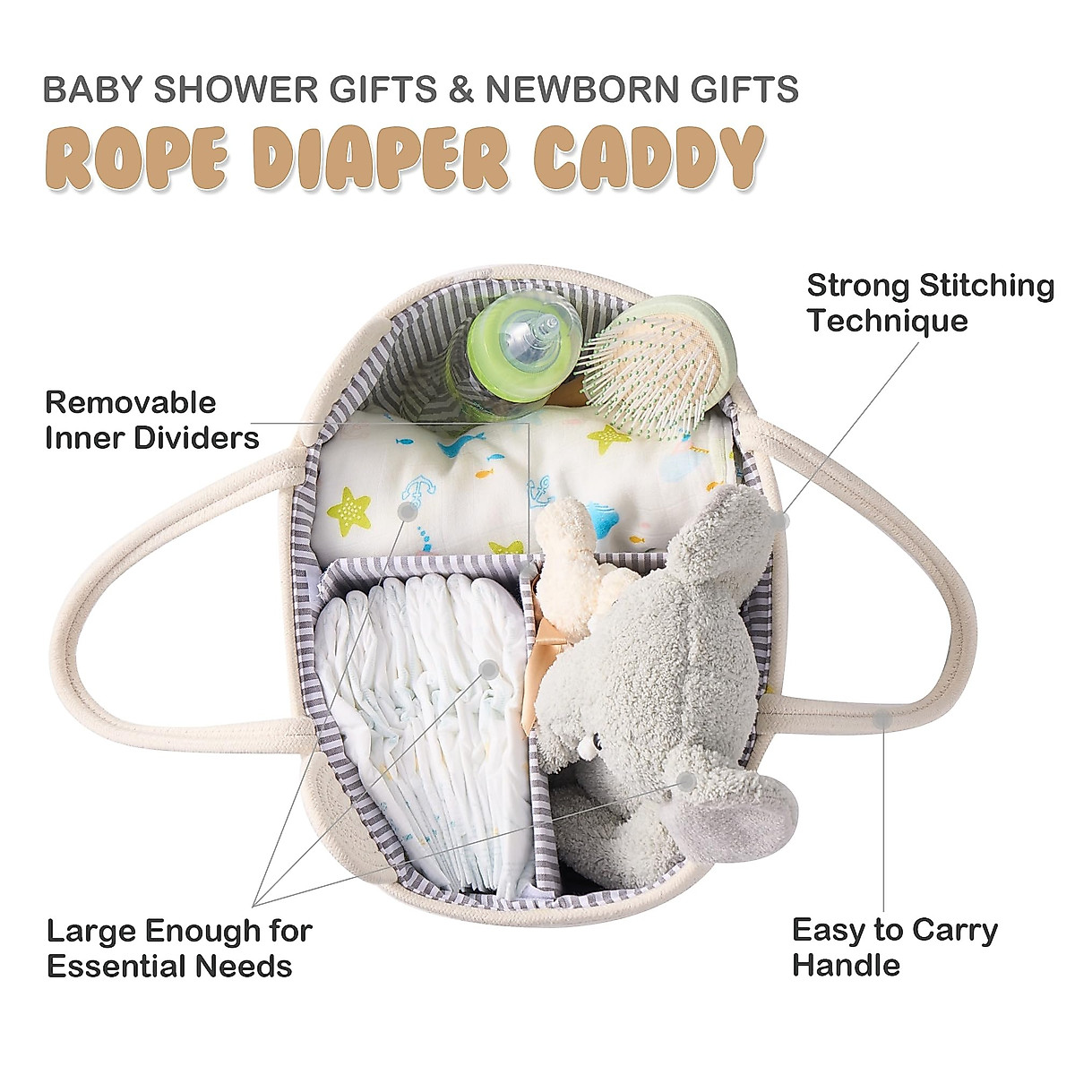 InfiBay Baby Diaper Caddy Organizer, Baby Nursery Storage with Removable Dividers and Sturdy Handles, Cute Bear Basket, Cotton Rope Baby Basket, Portable Diaper Storage Basket