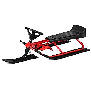 Goplus Snow Racer Sled, Ski Sled Slider Board with Twin Brakes, Steering Wheel, Retractable Pull Rope, Snow Bike Sled for Toddlers Age 4 & up, Holds Two Kids/A Teenager/an Adult