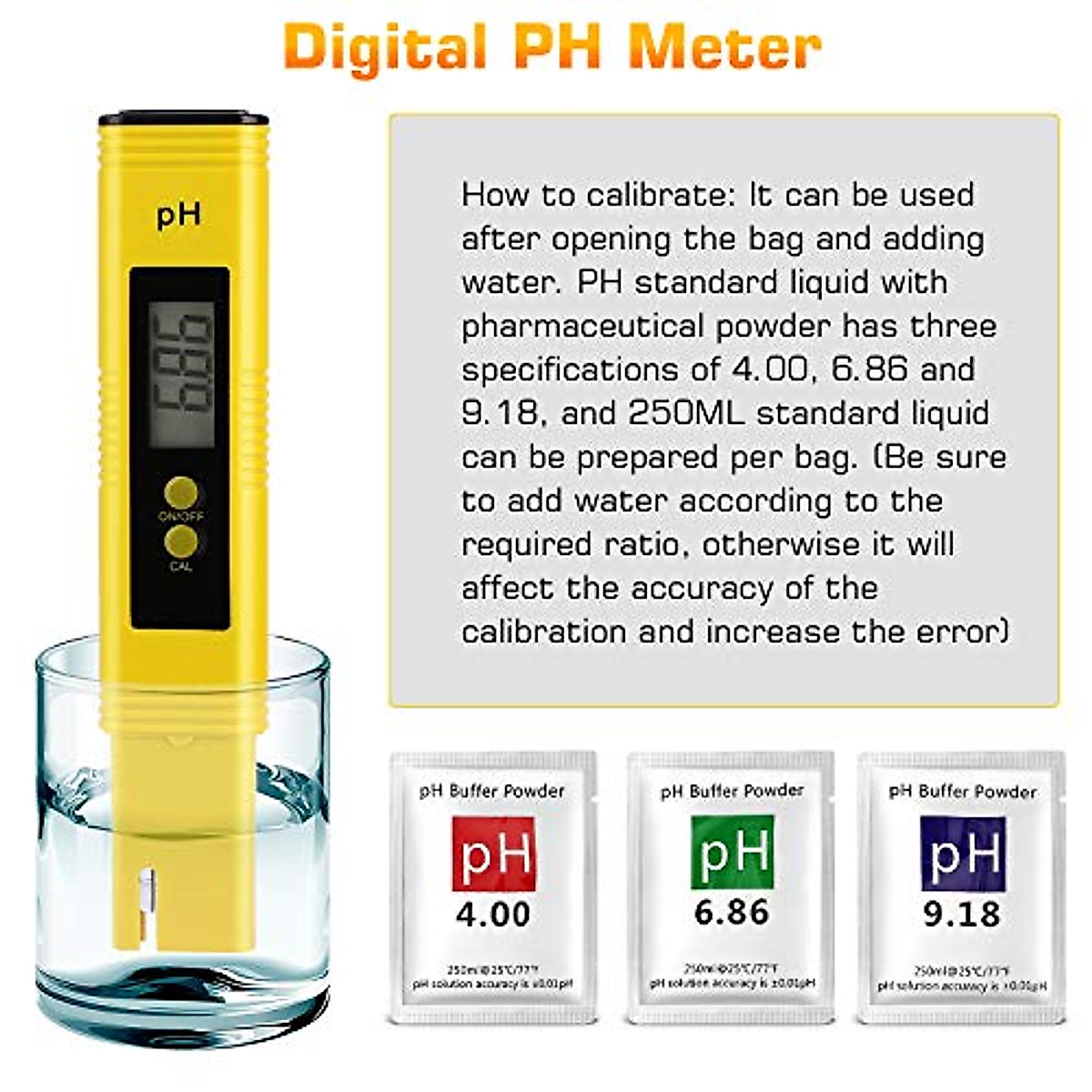 PH Meter for Water Hydroponics Digital PH Tester Pen 0.01 High Accuracy Pocket Size with 0-14 PH Measurement Range for Household Drinking, Pool and Aquarium (Yellow)