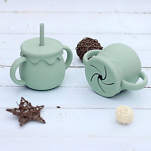 Ginbear 2-in-1 Silicone Baby Cups with Straw & Snack Cup Lid, 8.5 OZ Spill Proof Sippy Cups, Toddler Training Cup for ages 12 M+ (Hazy Green)