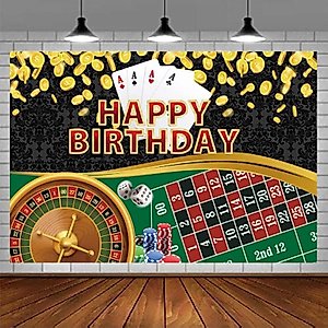 Casino Games Happy Birthday Backdrop Falling Gold Coins Poker Playing Cards Chips Dices Party Decoration Las Vegas Gamble Table 150x100