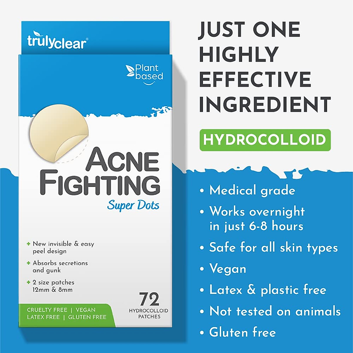 Truly Clear Hydrocolloid Acne Pimple Patches for Face & Body - 72 Count, Ideal for Cystic Acne, Zit & Blemishes - Cruelty Free Acne Dot, Spot Stickers, Acne Cover Patch - Overnight Results