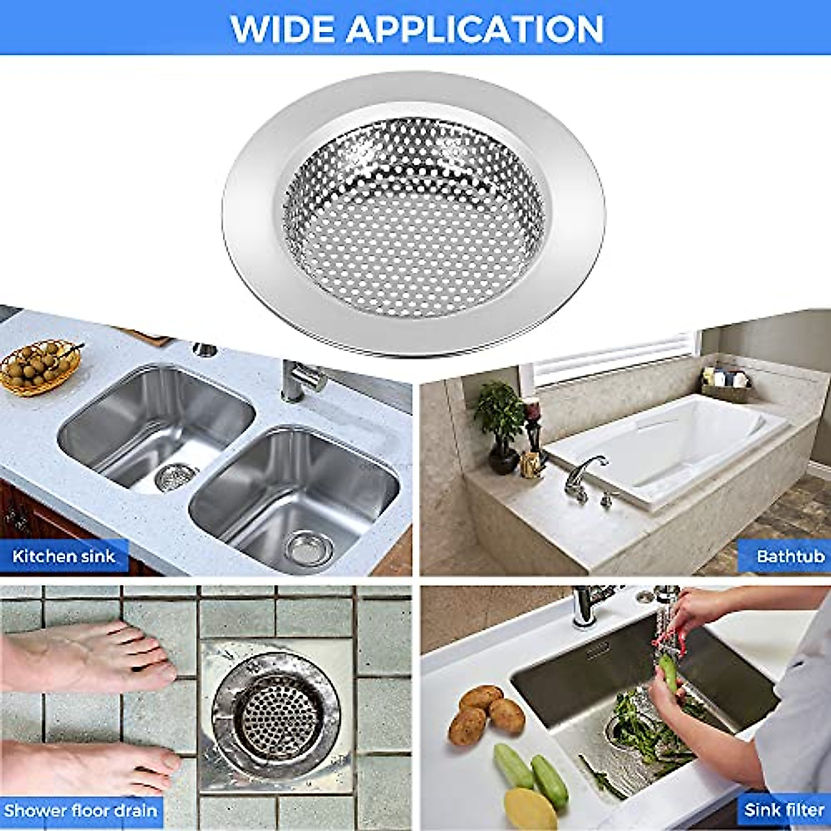 4 Pcs Kitchen Sink Strainer Stopper Kit, 4.5 Inch Stainless Steel Sink Drain Strainer, Thicken Drain Filter Strainer with Large Wide Rim, 6 inch Silicone Tub Stopper, Universal Rubber Drain Stopper