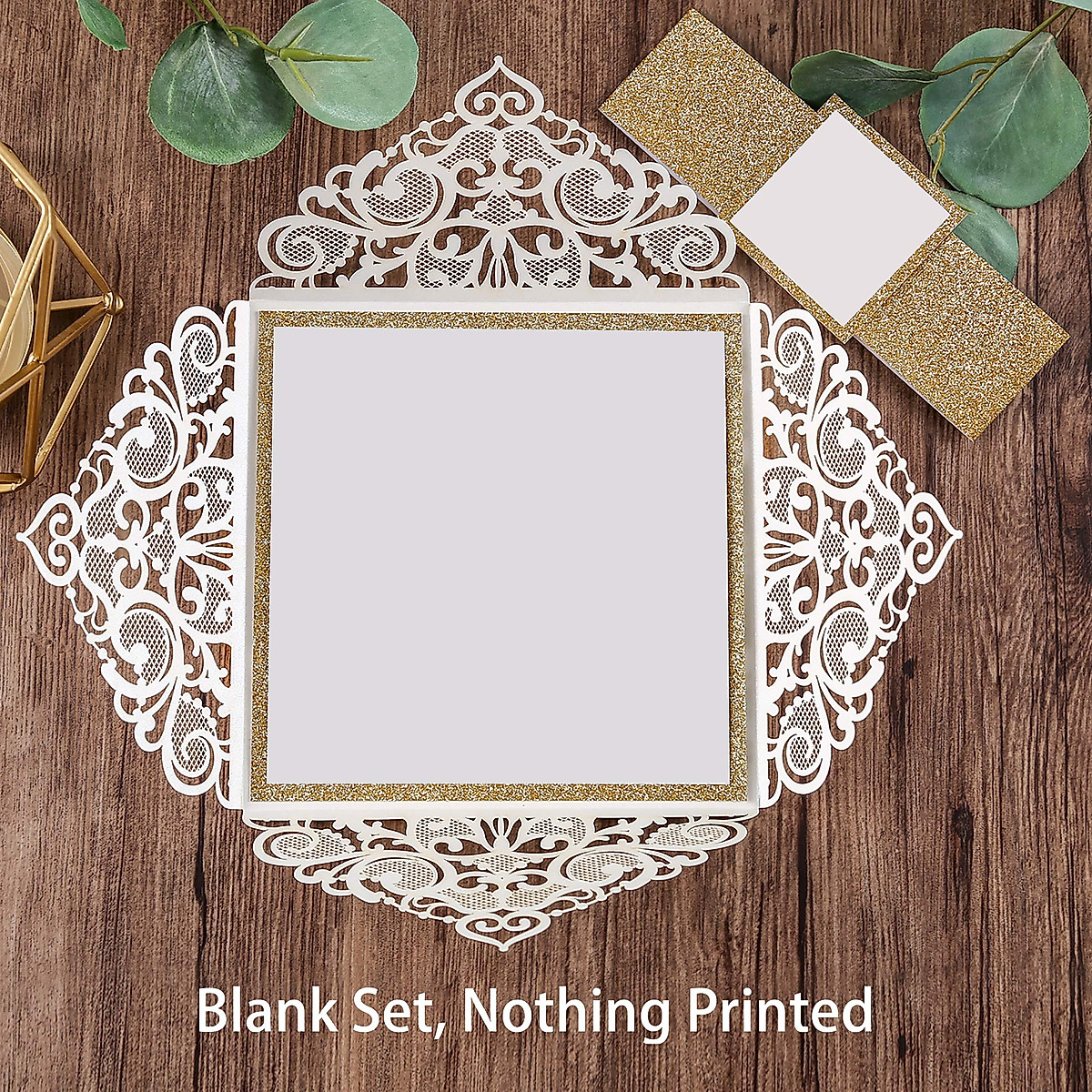 DreamBuilt 6.3 x 6.3 inch Ivory Laser Cut Wedding Invitations Cards with Gold Glitter Border and Bellyband for Wedding Bridal Shower (Ivory, 50pcs Blank)