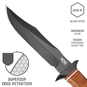 SOG Bowie 2.0 Fixed Blade Knife-Tactical Knife with 6.4 Inch Blade, Hunting Knife with Hard Case TiNi Coating and AUS-8 Steel, Leather Knife Sheath (S1T-L),Brown