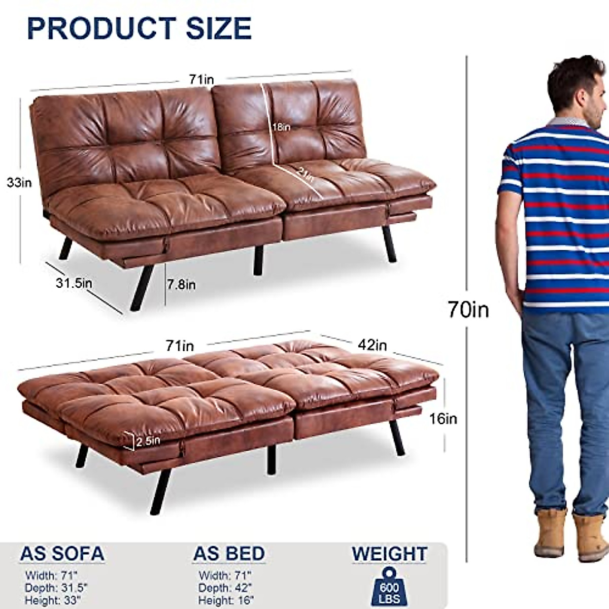 QAIIOO Futon Sofa Brown with Compact Living Space, Memory Foam Modern Convertible Sleeper Bed, Folding Recliner Adjustable Backrest Armrests, Apartment, Dorm, Bonus Room, 71" D x 33" W x 31.5" H