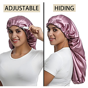 SAYMRE Satin Bonnet Silky Sleep Cap,Adjustable Hair Bonnet for Braids Curly Hair (Long Size, Long Champagne)