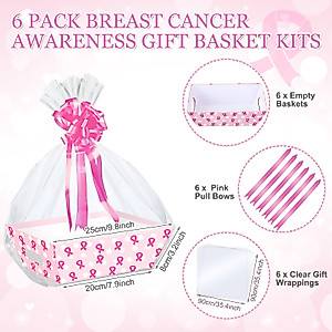 Resurhang 6 Set 10 x 8 x 3.2 Breast Cancer Awareness Baskets for Gifts Empty with Cellophane Wraps and Ribbons Bows Cardboard Basket Tray for Gift Packaging Holiday Birthday Wedding