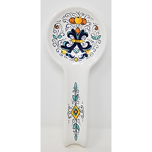Nova Deruta Spoon Rest, Blue and Yellow Fleur De Lis with Fruit, Made in Italy, Italian Exclusively Handcrafted Earthenware for Sur La Table, Deruta Region Artwork, 11.5" x 5"