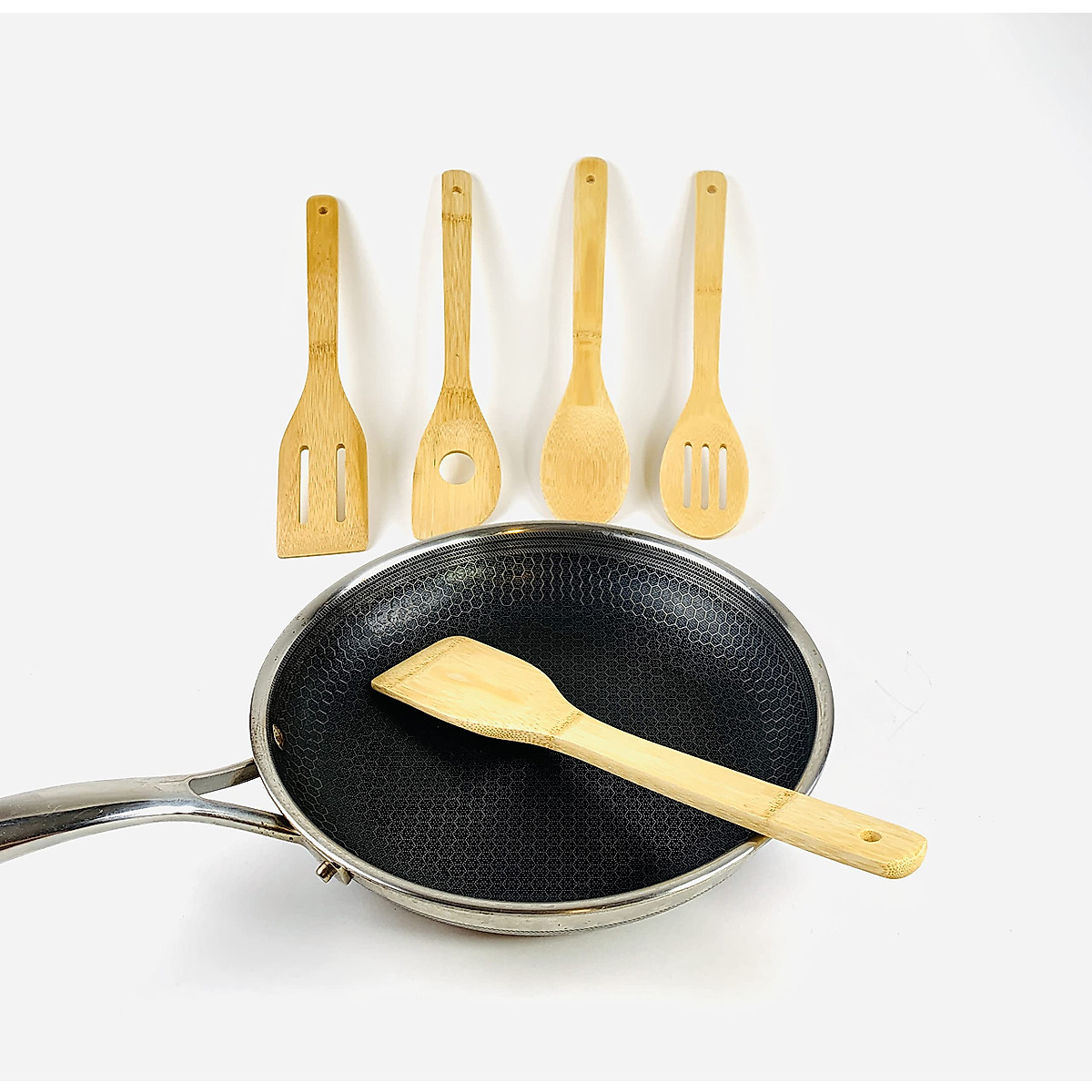 JapanBargain, Bamboo kitchen Utensil set Cooking Utensil Set Cooking Spatula Fork Spoon Turner for Non Stick Cookware (1, 5 in 1)