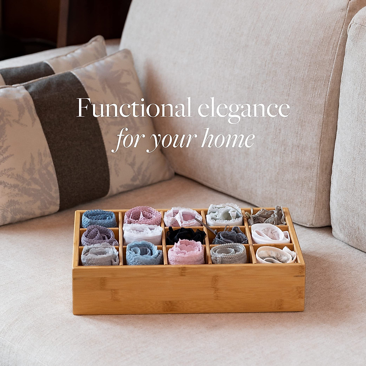 GOBAM Bamboo Closet Drawer Divider - Storage Organizer with 15 Compartments, Drawer Organizer, Storage Box for Belts, Ties, Bras, Briefs, Socks & Jewelry - Natural