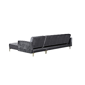 Iconic Home Amandal Convertible Sofa Sleeper Bed L Shape Chaise Tufted Velvet Upholstered Gold Tone Metal Y-Leg Modern Contemporary, Right Facing Sectional, Grey Velvet