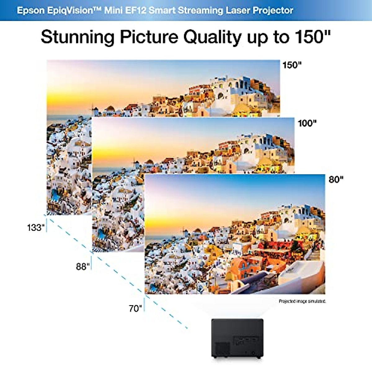 Epson EpiqVision Mini EF12 Smart Streaming Laser Projector, HDR, Android TV, Movies, Family Gaming, Portable, sound by Yamaha, 3LCD, Full HD 1080p, 1000 lumens Color & White Brightness Bluetooth Black