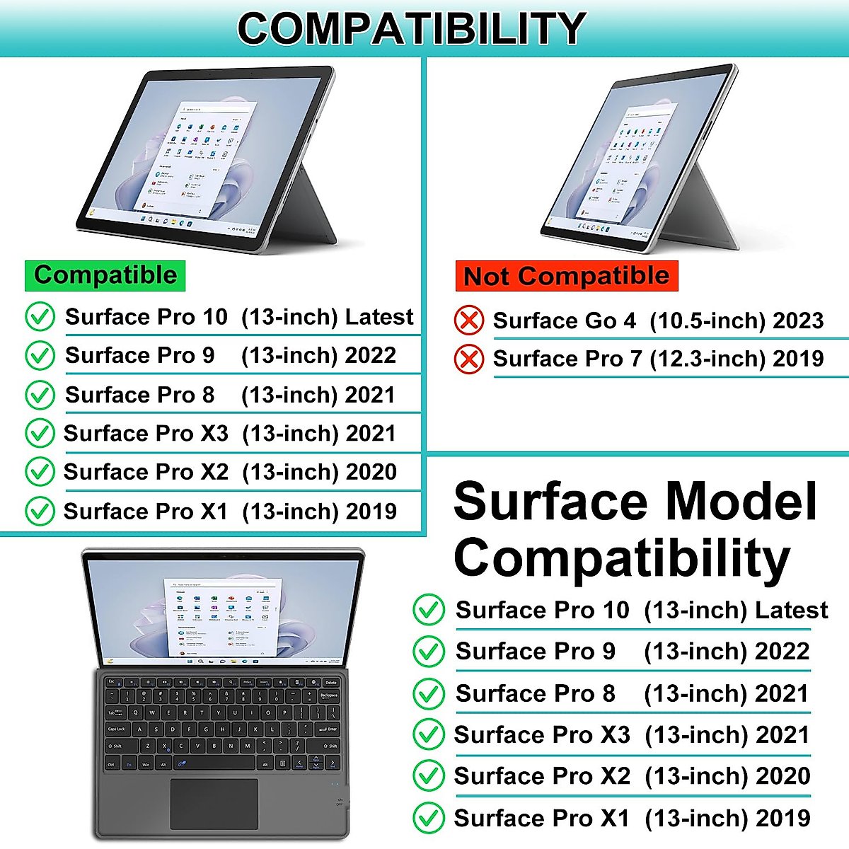 Arteck Microsoft Surface Pro Keyboard Type Cover, Ultra-Slim Portable Bluetooth Wireless Keyboard for Latest Surface Pro 10, Pro 9, Pro 8, Pro X with Touchpad Built-in Rechargeable Battery