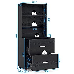 Tribesigns Vertical File Cabinet Modern Wood Filing Cabinet with 2 Large Drawer fit Letter/A4 Size, Large Printer Stand with 4 Open Storage Bookshelves for Home Office, Black