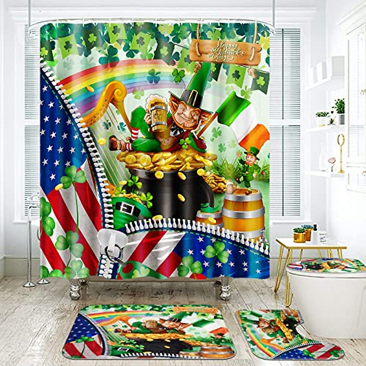4 Pcs Happy St.Patrick's Day Shower Curtain Sets with Non-Slip Rugs, Toilet Lid Cover and Bath Mat, Gnome with Shamrock Shower Curtain with 12 Hooks, Waterproof Irish Bathroom Set for St. Patty's Day