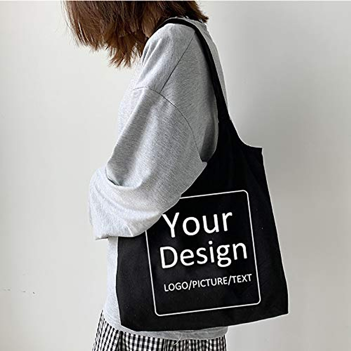 KEEVICI Add Your Image Text Custom Design Your Own Personalized Canvas Tote Bag (Black)