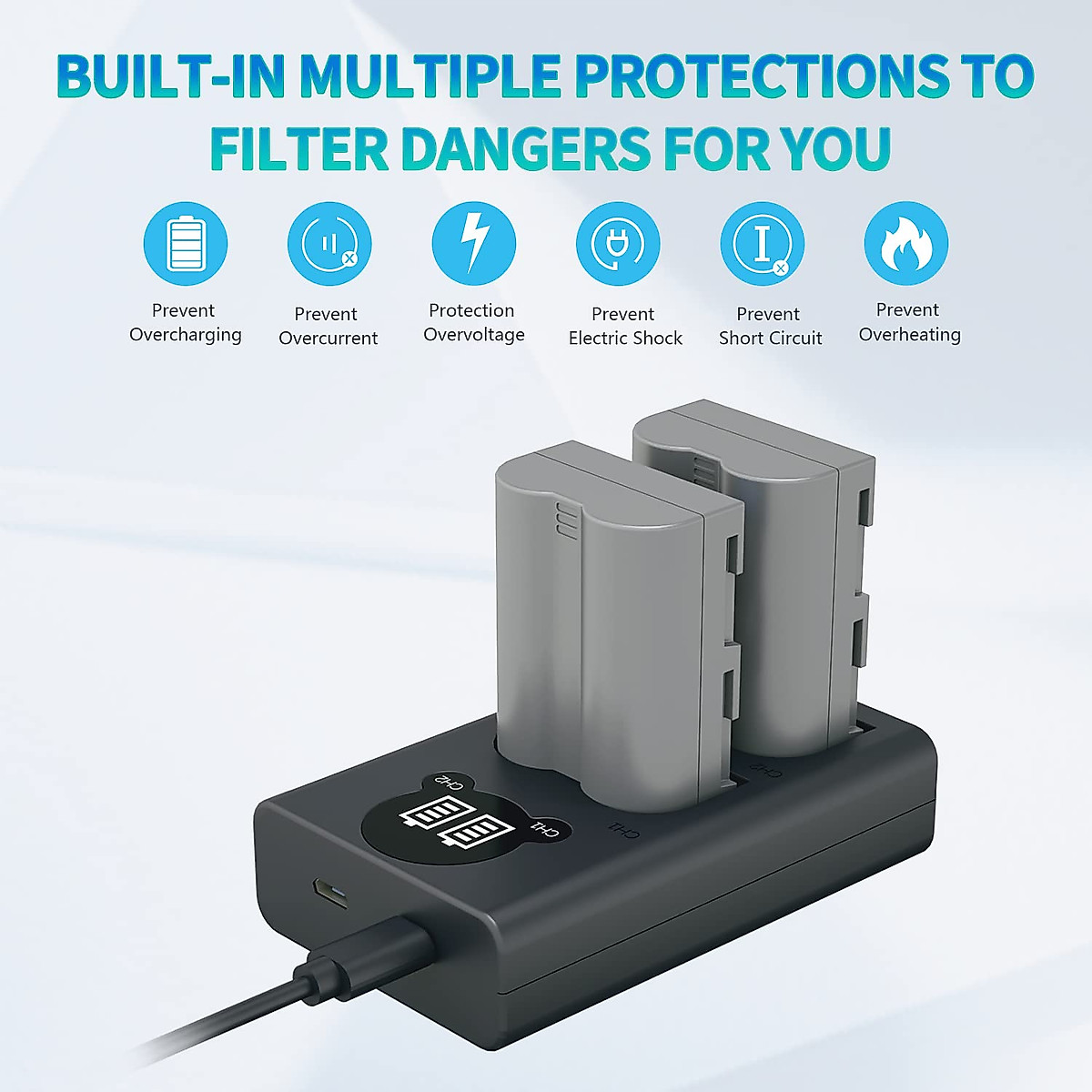 LP EN-EL3e Battery 2-Pack Dual USB Charger with Display for Nikon EN EL3e, EL3, EL3a, MH-18, MH-18a, MH-19, Compatible with Nikon D700, D300s, D300, D200, D100, D90, D80, D70s, D70, D50 & More