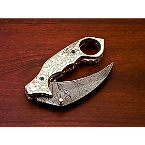 Handmade Damascus Folding Pocket Knife Karambit Knife Hunting Knife Handle Brass Steel Folding with Leather Sheath 1083