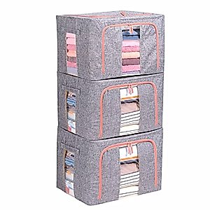 Tasmegol Foldable Clothes Storage Bins Stackable Steel Frame Closet Containers Organizer Bags Linen Cloth Clothing Box for Sweater Bedding Blanket（Grey 3 Pack 66L）