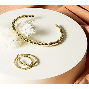 PAVOI 14K Yellow Gold Plated Twisted Chunky Bangle Bracelet | 14K Gold Plated | Lightweight Everyday Jewelry (6.5, Yellow Gold)