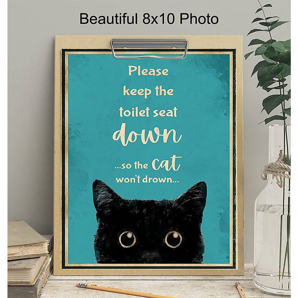 Put The Toilet Seat Down Sign - Cat Bathroom Decor - Bath Wall Decor - Funny Bathroom Wall Art - Blue Bathroom Decorations for Women, Kitty, Kitten Fan - Powder Room - Restroom Sign - Guest Bathroom