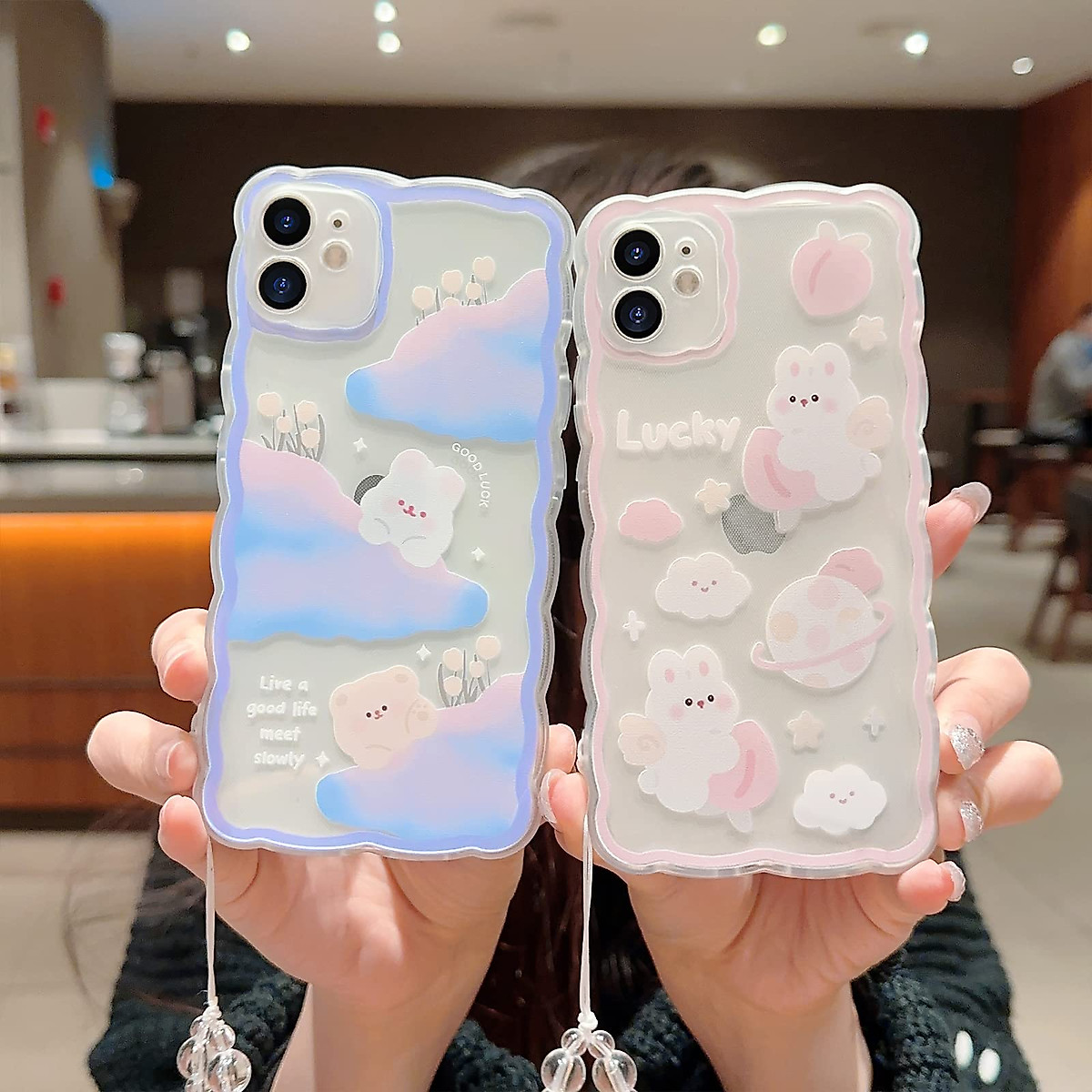 ZSYTZL Compatible with iPhone 11 Case Cute Cartoon Peach Rabbit with Cute Chain Design for Women Girls Aesthetic Kawaii Slim Soft TPU Transparent Case for iPhone 11-Peach Rabbit