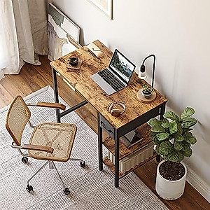 CubiCubi Computer Desk, 35 Inch Small Home Office Desk with Drawer Storage Shelves for Small Space, Writing Study Desk, Rustic Brown