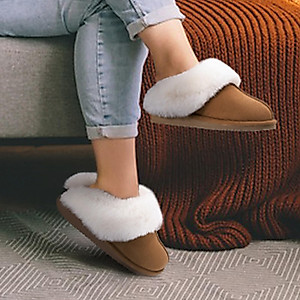 Litfun Fuzzy House Slippers for Women Fluffy Memory Foam Suede Slippers with Faux Fur Collar Indoor Outdoor, Brown 40/41 (Size 7.5-8)