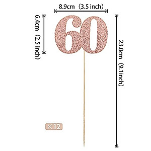 12 PCS Glitter 60th Birthday Centerpiece Sticks Number 60 Cake Toppers Sixty Table Flower Topper Decorations for 60th Birthday Anniversary Party Centerpiece Supplies Rose Gold