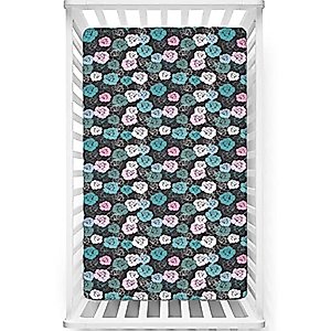 Roses Themed Fitted Crib Sheet,Standard Crib Mattress Fitted Sheet Soft & Stretchy Fitted Crib Sheet-Crib Mattress Sheet or Toddler Bed Sheet,28“ x52“,Baby Pink Cadet Blue