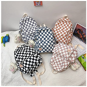 Kawaii Plaid Mini Backpack with Plush Bear Pendant for Girl Small Medium School Bag (Light Blue)