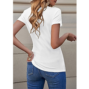 PRETTYGARDEN Women's Summer Casual Henley T-Shirts Short Sleeve V Neck Button Up Ribbed Knit Slim Fit Basic Tops(White, Large)