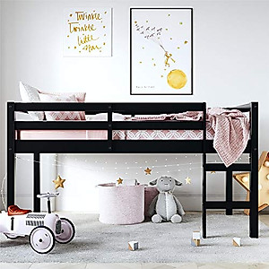 DHP Milton Twin Loft Bed with Safety Guard Rail, Black, Space Saving Junior Size, Pine Wood