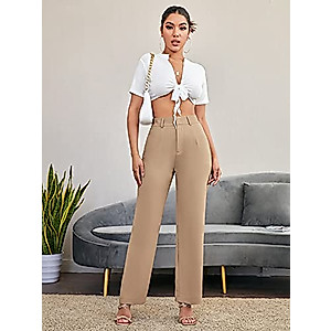SweatyRocks Women's Elegant High Waist Solid Long Pants Office Trousers Khaki M