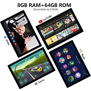 Android 13 Tablet with Keyboard, 2024 Newest 10.1 inch 2 in 1 Tablets, 8GB RAM+64GB ROM with Case Mouse Stylus, 1.8GHz Quad Core, 1280*800 HD Touch Screen, 8MP Dual Camera, Games, Wi-Fi, BT Tableta PC
