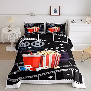Feelyou Popcorn Bedding Set Movie Theater Comforter Cinema Poster Design Comforter Set for Kids Adults Vintage Cinema Movie Theater Duvet Set Soft Room Decor King Size Quilt Boys