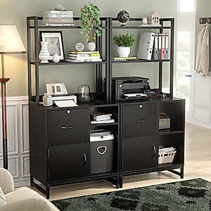 Homieasy Vertical Filing Cabinet with Lock & Charging Station, Large Drawer Wood File Cabinet with Bookshelf, Printer Stand with Open Storage Shelf, fits Letter Size for Home Office, Black