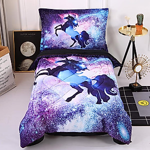 Wowelife Unicorn Toddler Bedding Set for Girls Galaxy Toddler Bed Sheets Sets Blue Kids Toddler Comforter Set Breathable and Soft with Comforter, Flat Sheet, Fitted Sheet and Pillowcase
