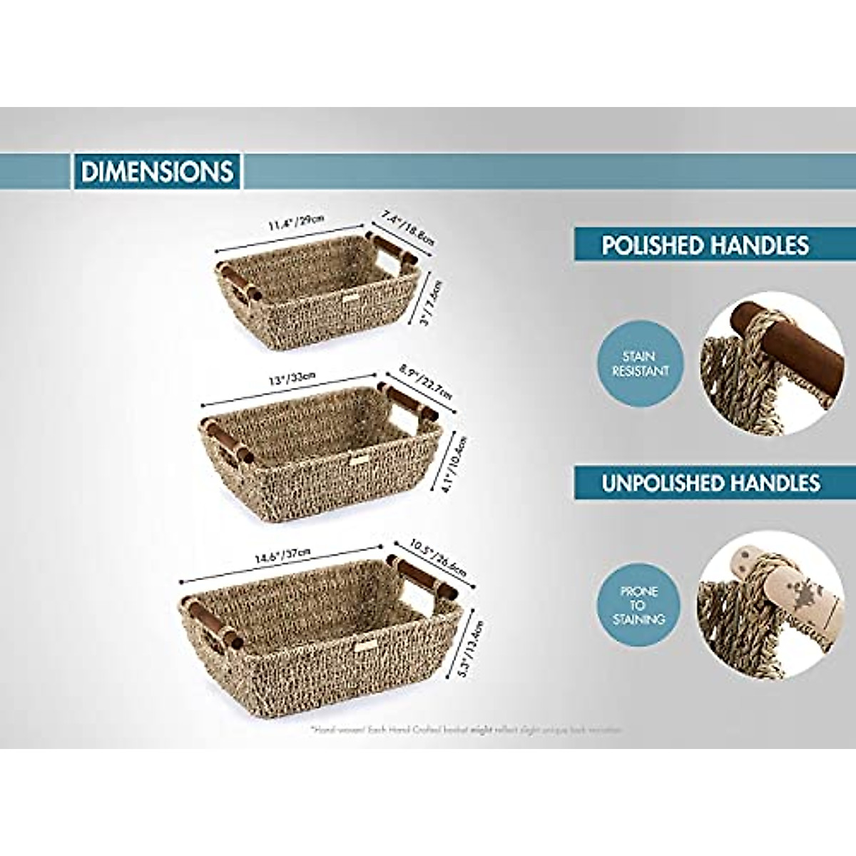 ADO Basics Wicker Basket with Stain Resistant Wooden Handles, Seagrass Wicker Baskets for organizing 14.6inchx10.5inchx5.3inch and 13inchx7.4inchx5.1inch and 9.5inchx6.6x4.5, Set of 3,Natural