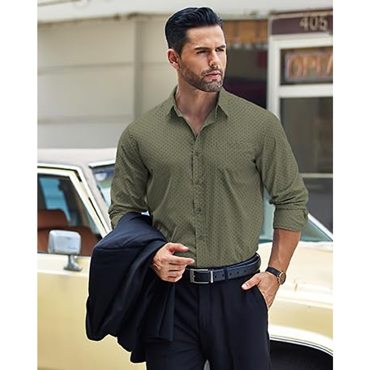 COOFANDY Men's Business Dress Shirt Long Sleeve Regular Fit Shirt Casual Polka Dot Printed Button Down Shirts Army Green