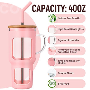 COMOOO 40oz Glass Tumbler with Bamboo Lid and Straw, Glass Water Cup with Handle, Iced Coffee Drinking Cup with Silicone Sleeve, Glass Water Bottle Dishwasher Safe, Cup Holder Friendly, Pink