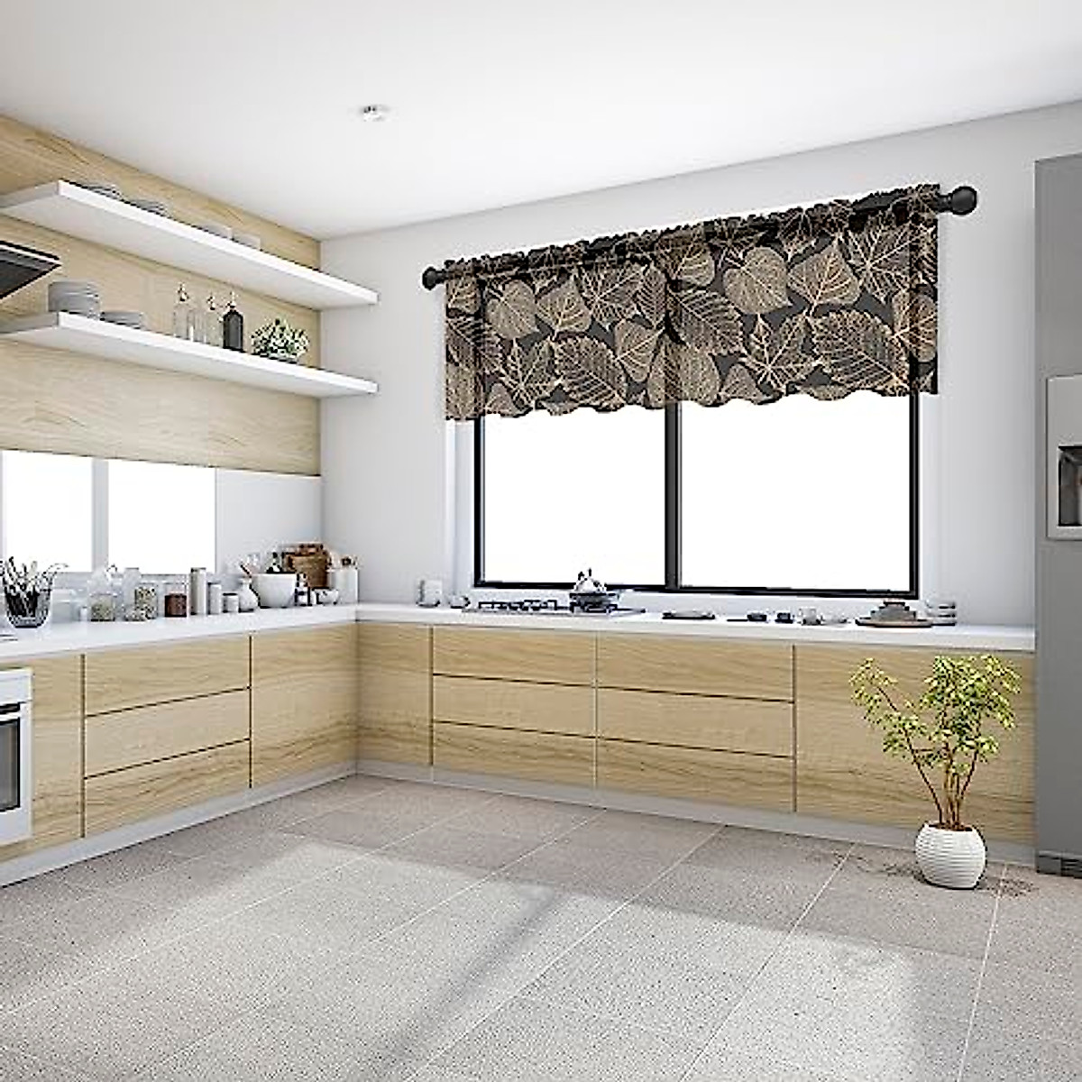 BOBOWUNY Thanksgiving Fall Sheer Window Valance Rod Pocket Valance Curtain, Gold Autumn Maple Leaves Black Backdrop Semi Sheer Drapery for Bedroom Kitchen Window Decor Curtains, 1 Panel 54"x18"