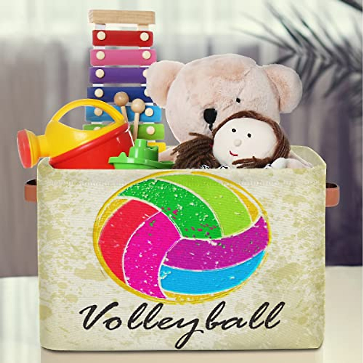 Volleyball Ball Print Storage Basket, Collapsible Canvas Fabric Storage Toys Bin Shelves Decor Laundry Organizer with Leather Handles for Closet Shelf Nursery Bedroom 15x11x9.5 In